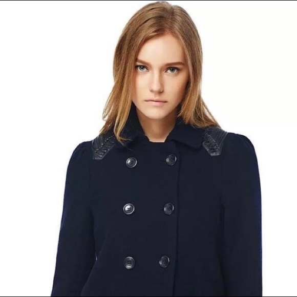 Maje | Jackets & Coats | Maje Gabrielle Navy Pea Coat With Leather Trim ...